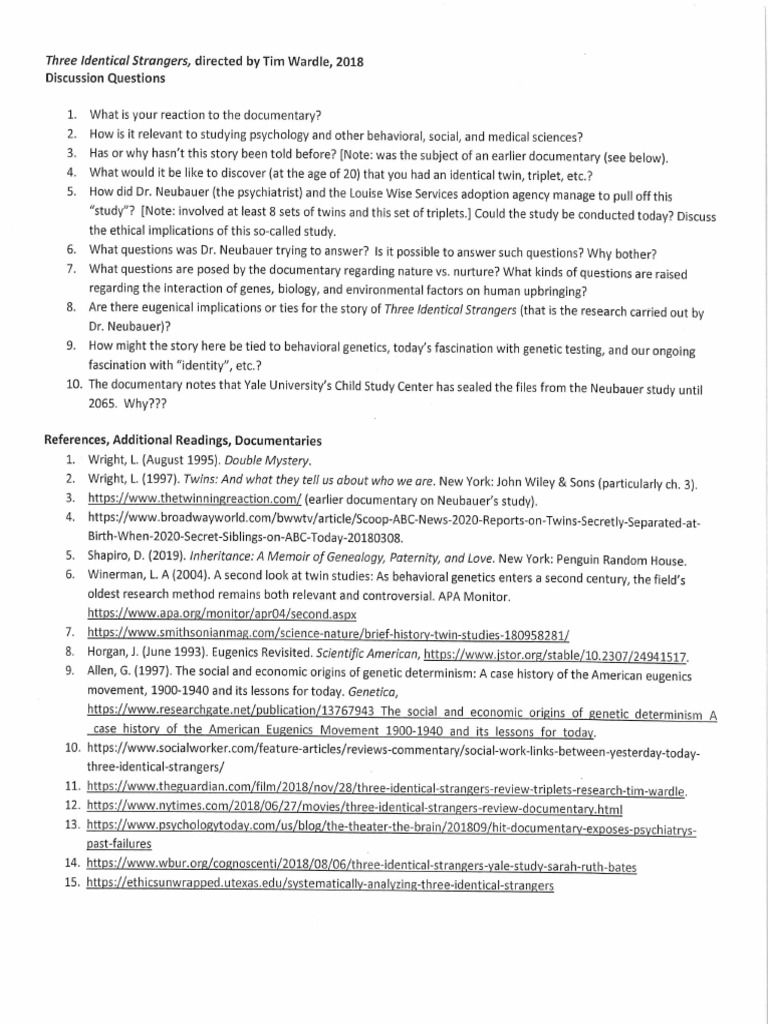 Three Identical Strangers Discussion Guide | PDF