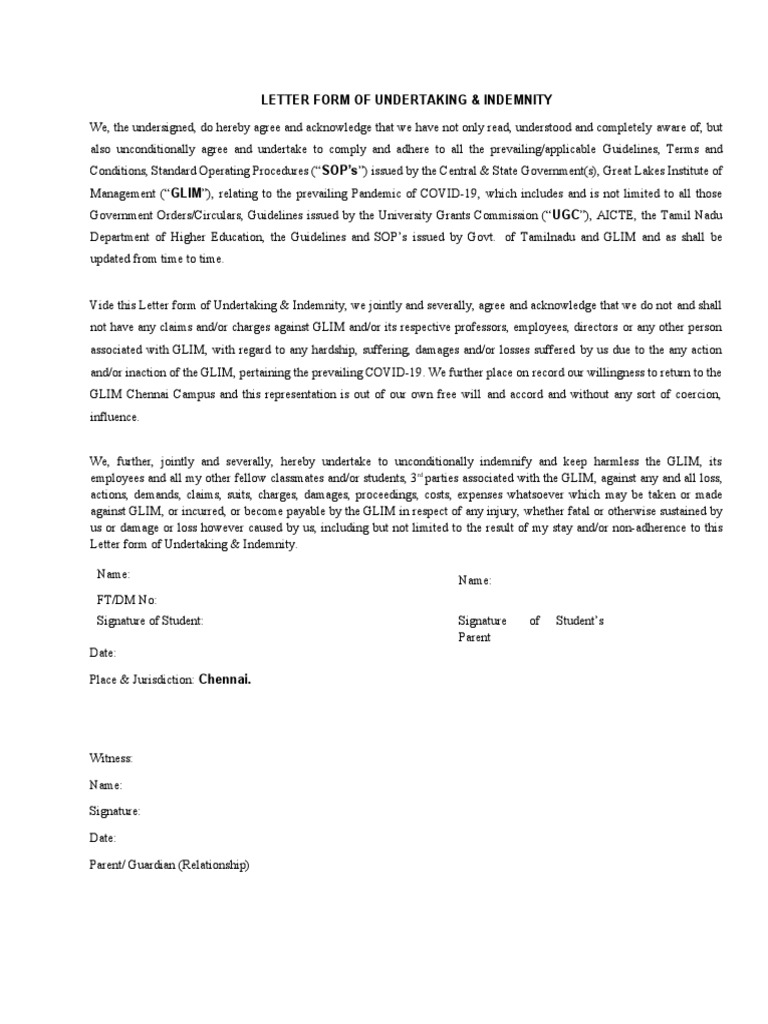 Letter Form of Undertaking & Indemnity | PDF | Law