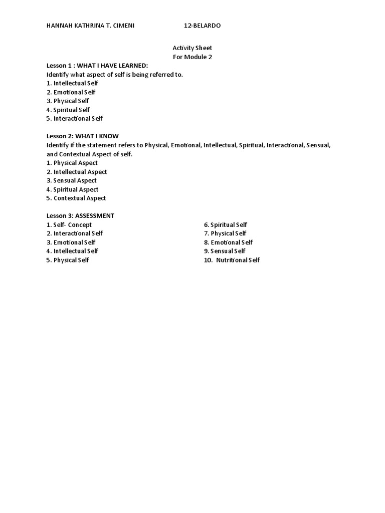 Hannah Cimeni - Answer Sheet Perdev, Week 2, Quarter 1 | PDF | Self | Spirituality