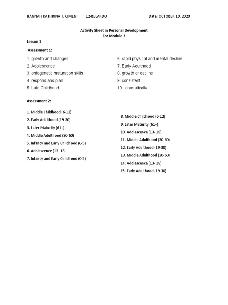 Hannah Cimeni - Answer Sheet Perdev, Week 3, Quarter 1 | PDF | Learning | Value (Ethics)