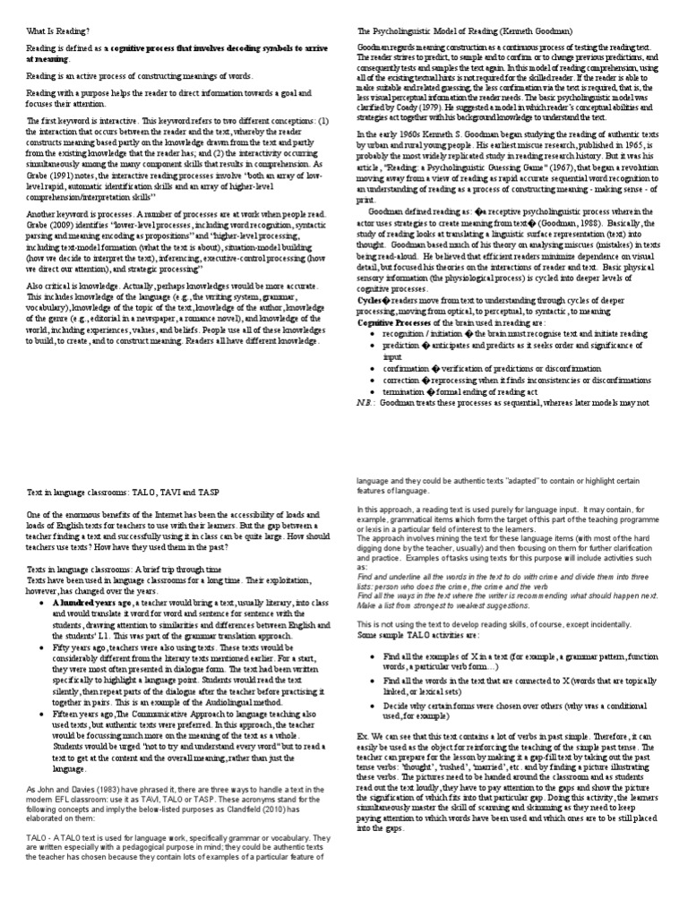 Teaching Reading Skills Notes | PDF | Reading Comprehension | Cognition