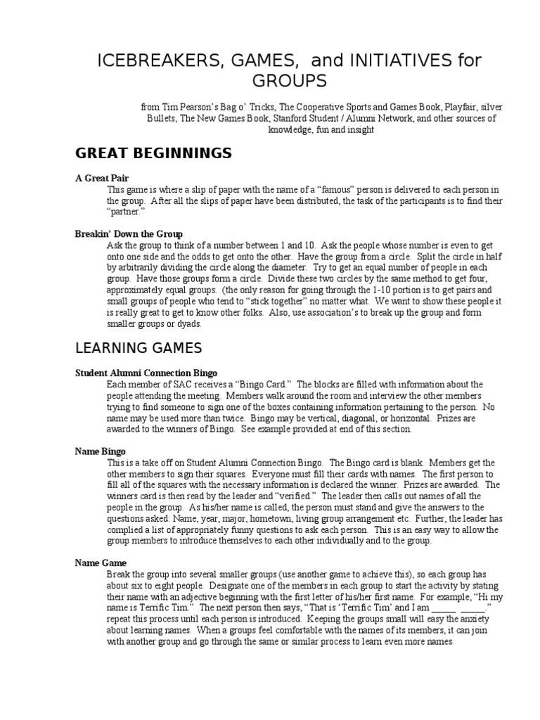 Icebreakers, Games, and Initiatives For Groups: Great Beginnings | PDF ...
