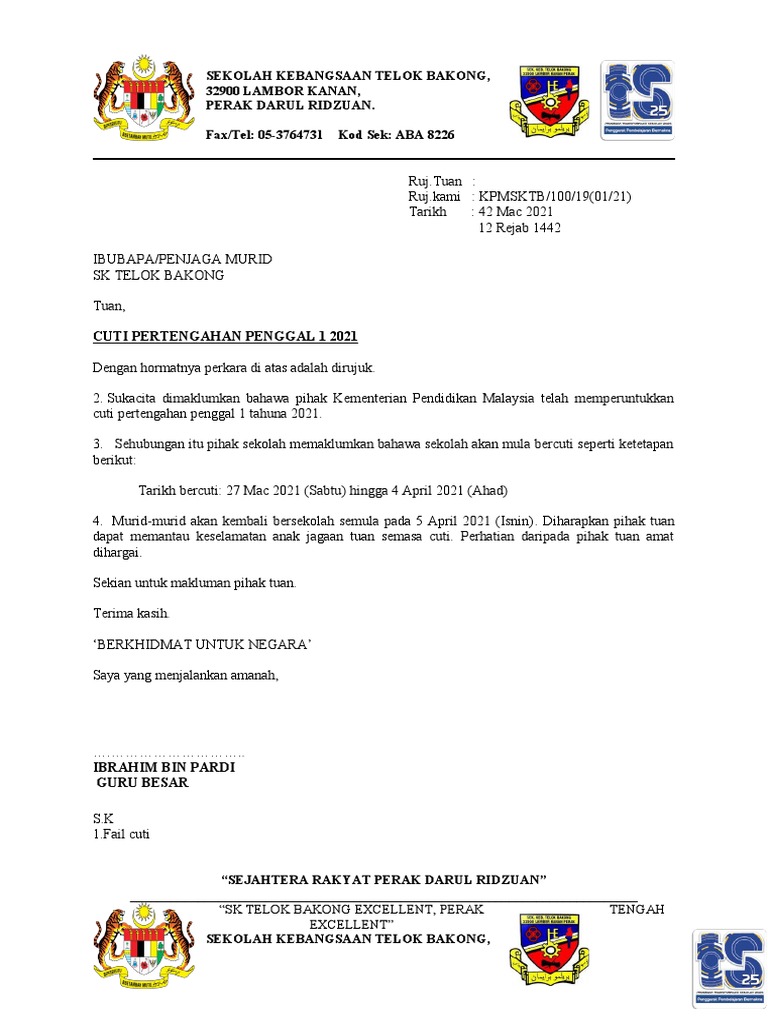 Surat Pemakluman Cuti 2021 | PDF