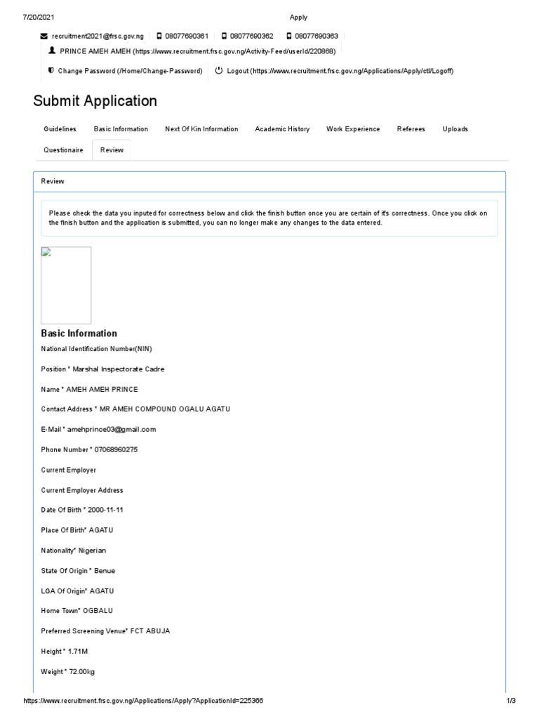 Ameh FRSC Form | PDF | Justice | Crime & Violence