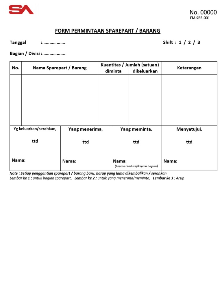 Format Form Permintaan Sparepart 2021 | PDF