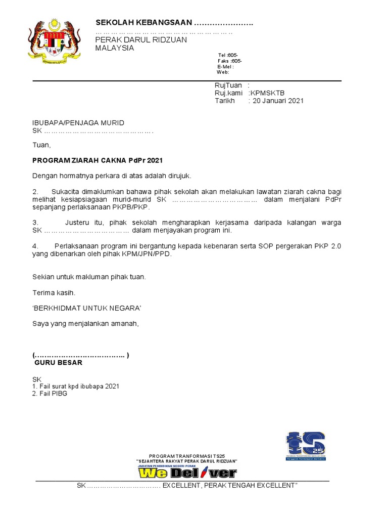 Surat Makluman Ziarah Cakna PDPR 2021 A | PDF