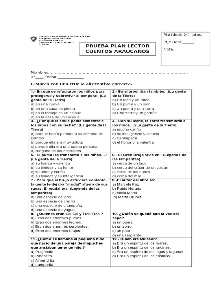 Prueba Cuentos Araucanos Plan Lector Cuarto Basico - Compress | PDF