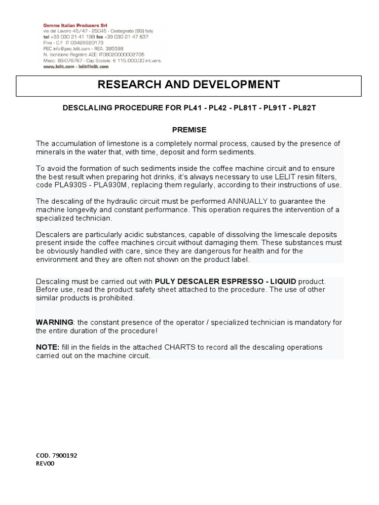 Research and Development: Desclaling Procedure For Pl41 - Pl42 - Pl81T ...