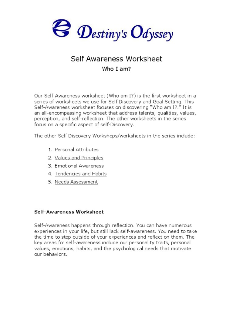 Self Awareness Worksheet: Who I Am? | Download Free PDF | Self ...