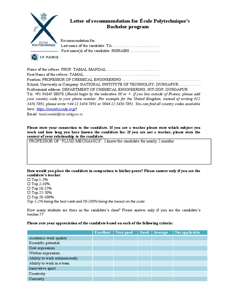 Letter of Recommendation For École Polytechnique's Bachelor Program | PDF | Physics | Mathematics