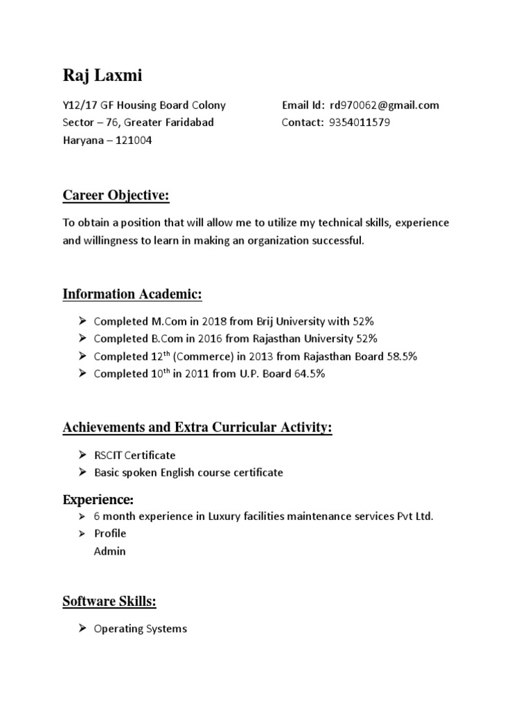 Raj Laxmi Resume: M.Com Graduate with Admin Experience | PDF