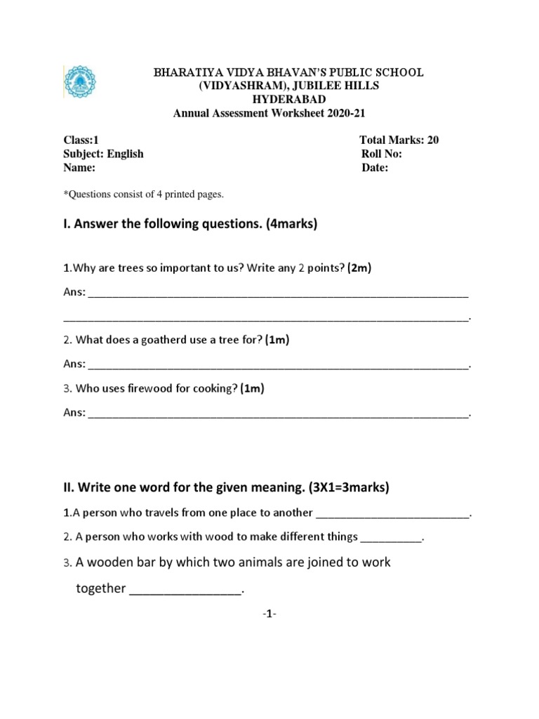 I. Answer The Following Questions. (4marks) : Questions Consist of 4 ...