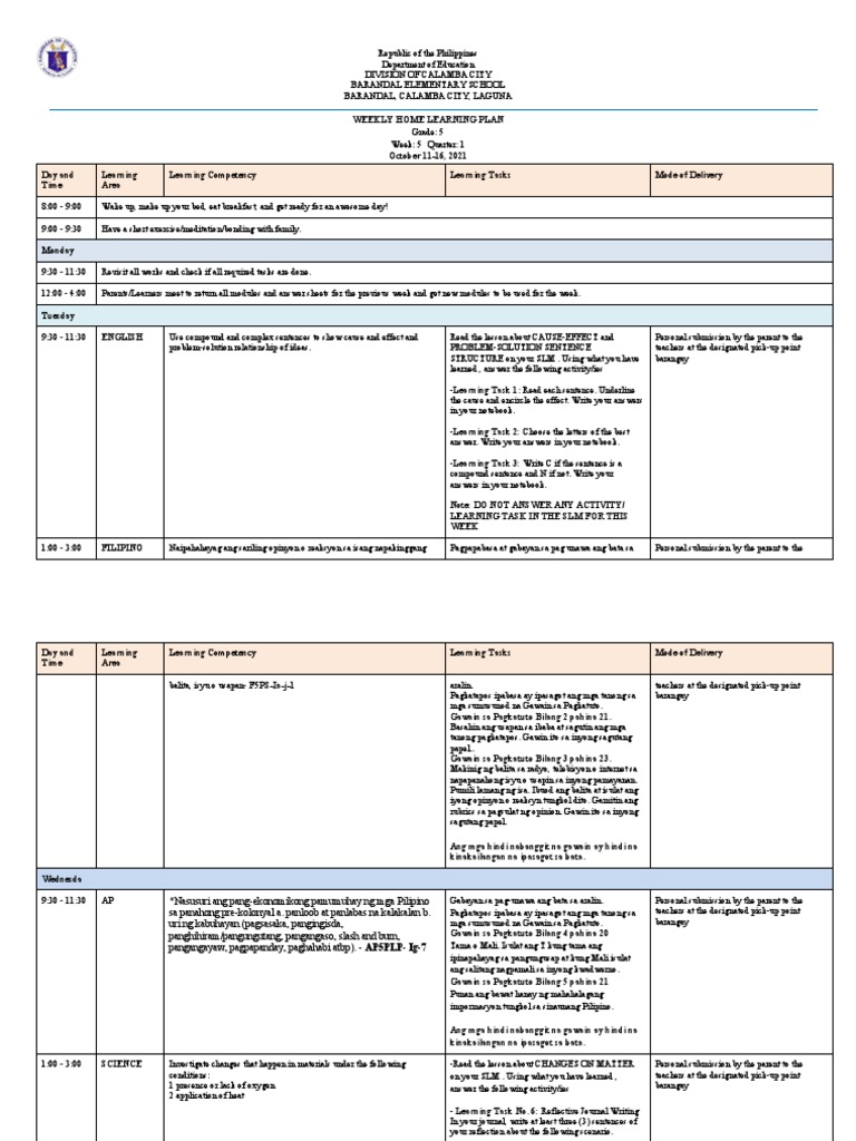 Grade 5 Weekly Home Learning Plan Q1W5 | PDF | Cognition | Learning