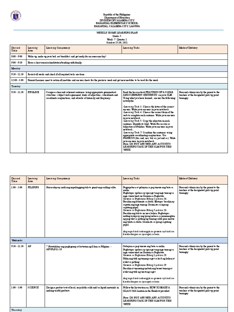 Grade 5 Weekly Home Learning Plan Q1W7 | PDF | Semantic Units | Grammar
