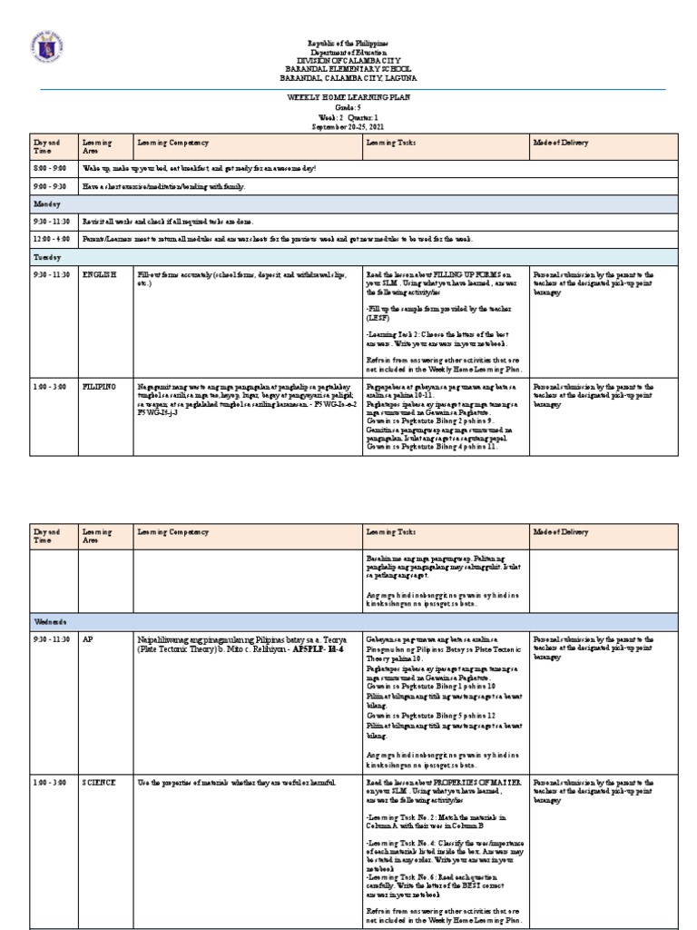 Grade 5 Weekly Home Learning Plan Q1W2 | PDF