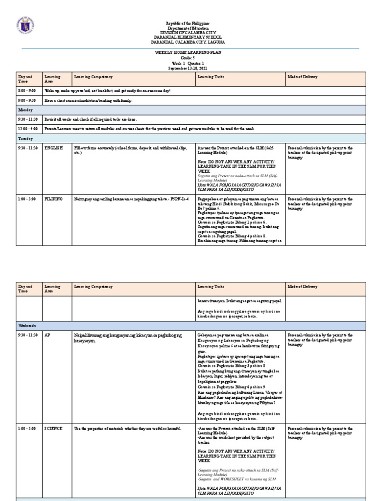 Grade 5 Weekly Home Learning Plan Q1W1 | PDF