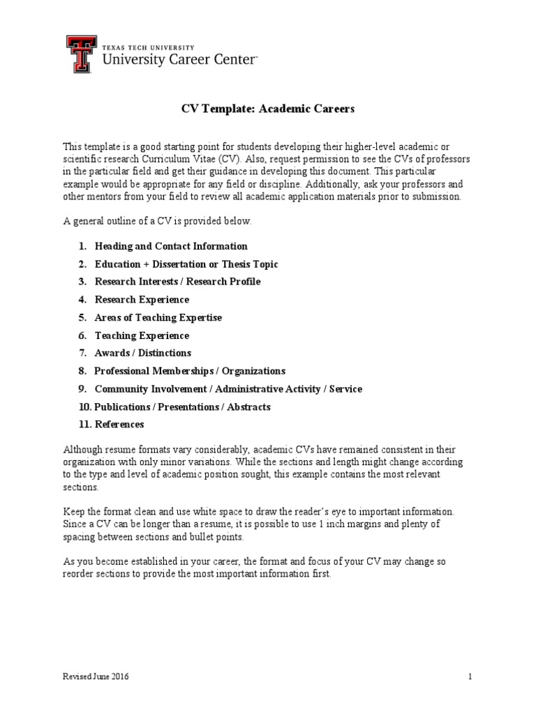 CV Template: Academic Careers: Revised June 2016 1 | PDF | Thesis | Doctor Of Philosophy