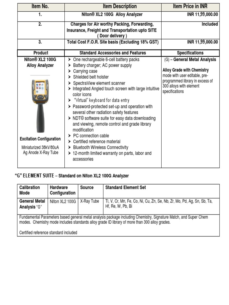 XL2 100G and XL2 980 Plus Alloy Analyzer - INR Offer | PDF | Chemistry