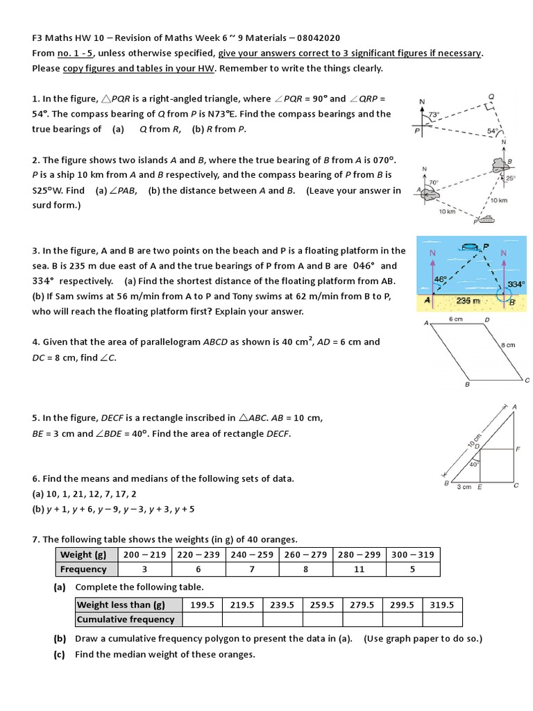 F3 Maths HW 10 - Revision of Maths Week 6 - 9 Materials - 08042020 | PDF