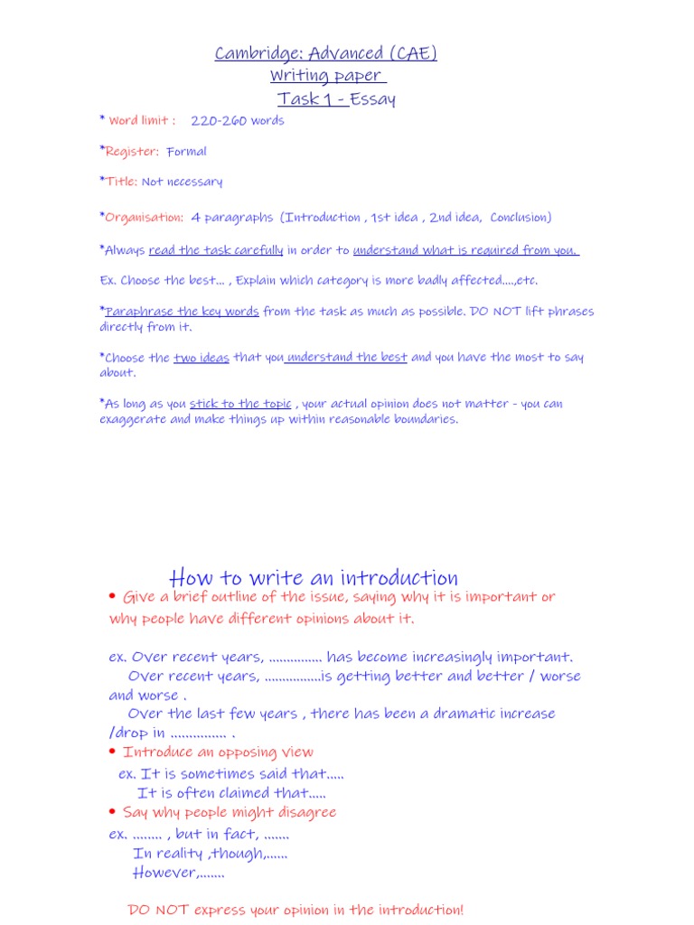 Cambridge: Advanced (CAE) Writing Paper Task 1 - Essay: Word Limit ...