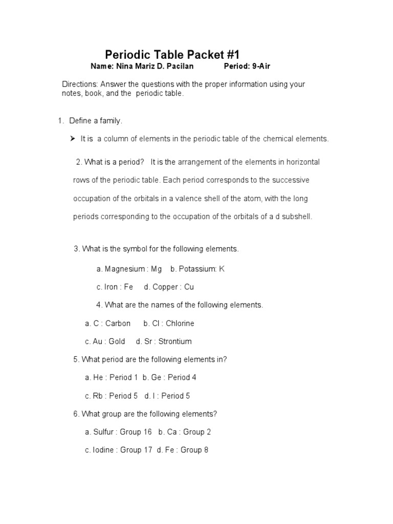 Periodic Table Packet Worksheet | PDF | Periodic Table | Chemical Elements