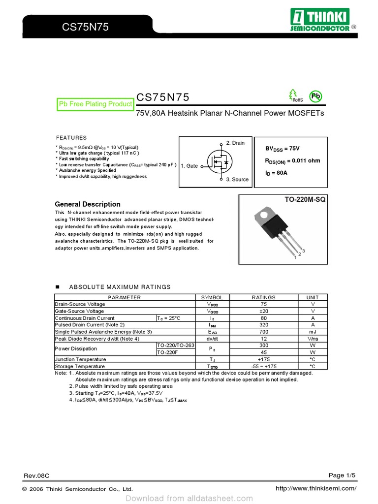 75V, 80A Heatsink Planar N-Channel Power Mosfets: PB Free Plating ...