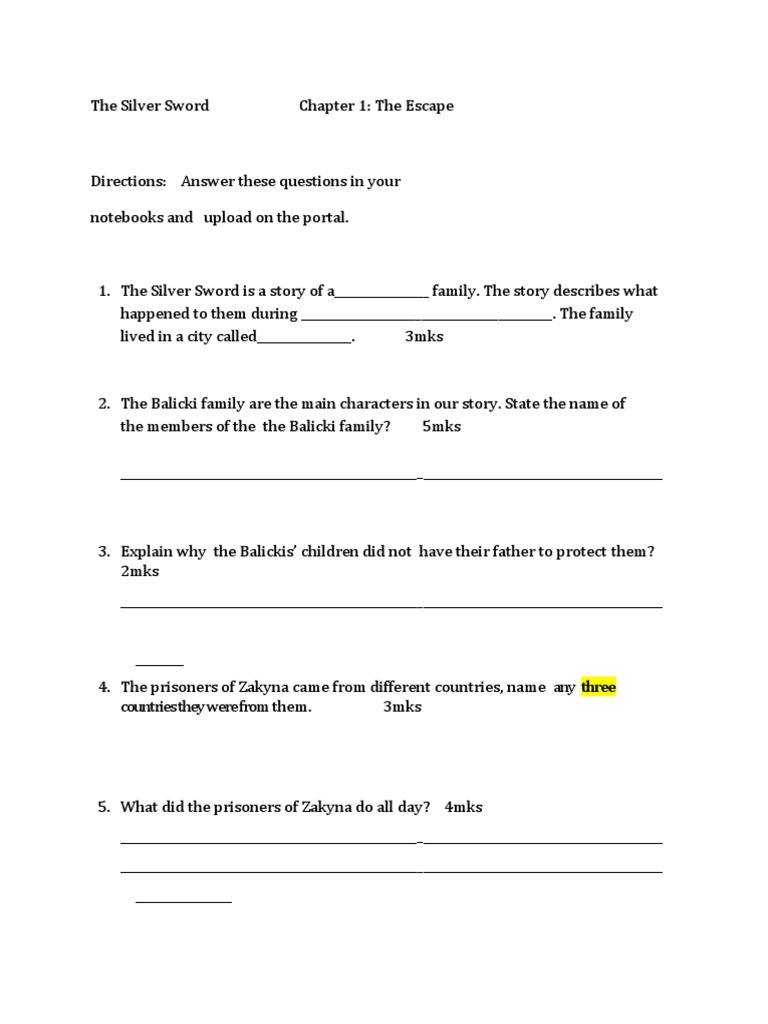 The Silver Sword: Chapter 1 Questions | PDF