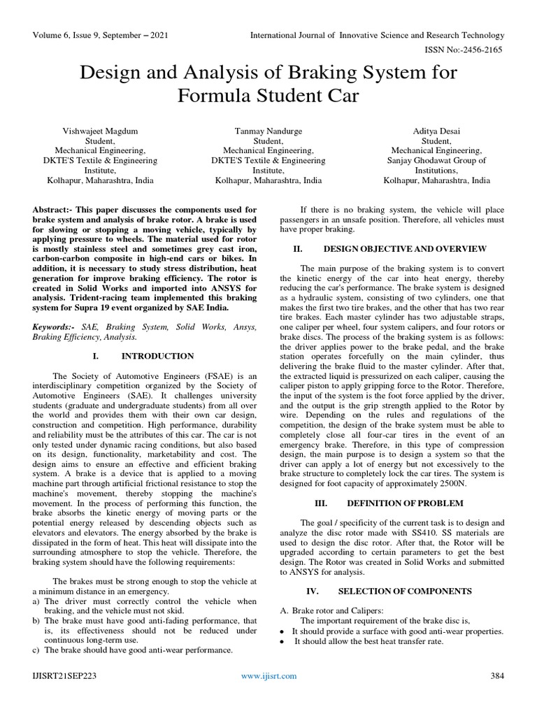 Design and Analysis of Braking System For Formula Student Car | PDF ...