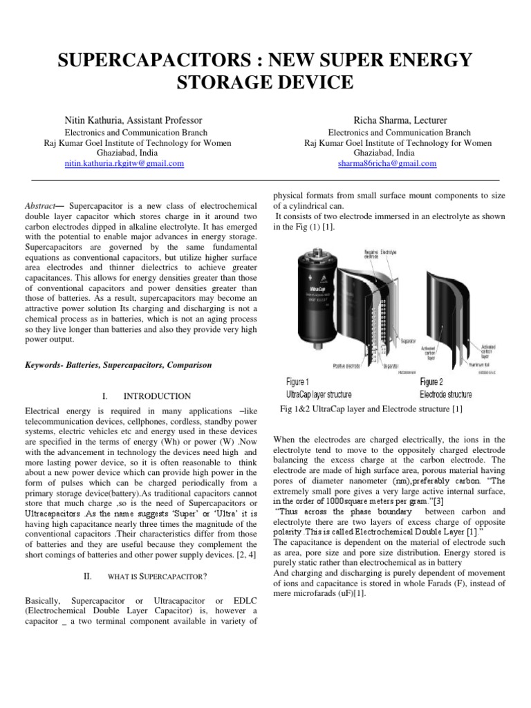Supercapacitors: New Super Energy Storage Device: Nitin Kathuria, Assistant Professor Richa ...
