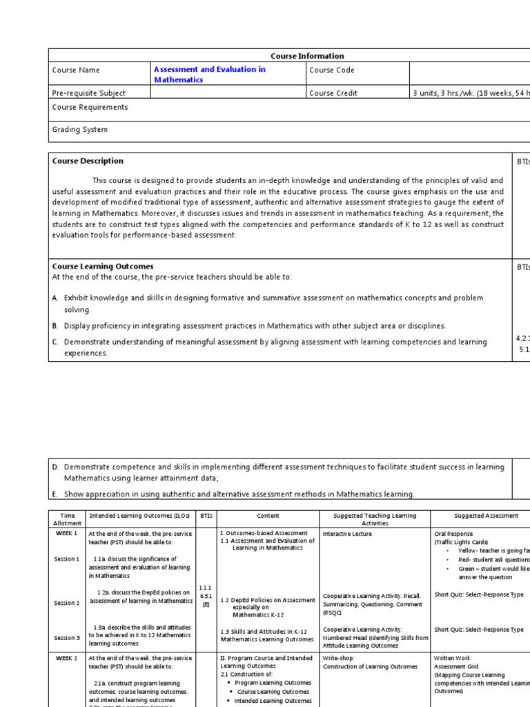 Sample Course Syllabi For Assessment and Evaluation in Mathematics ...