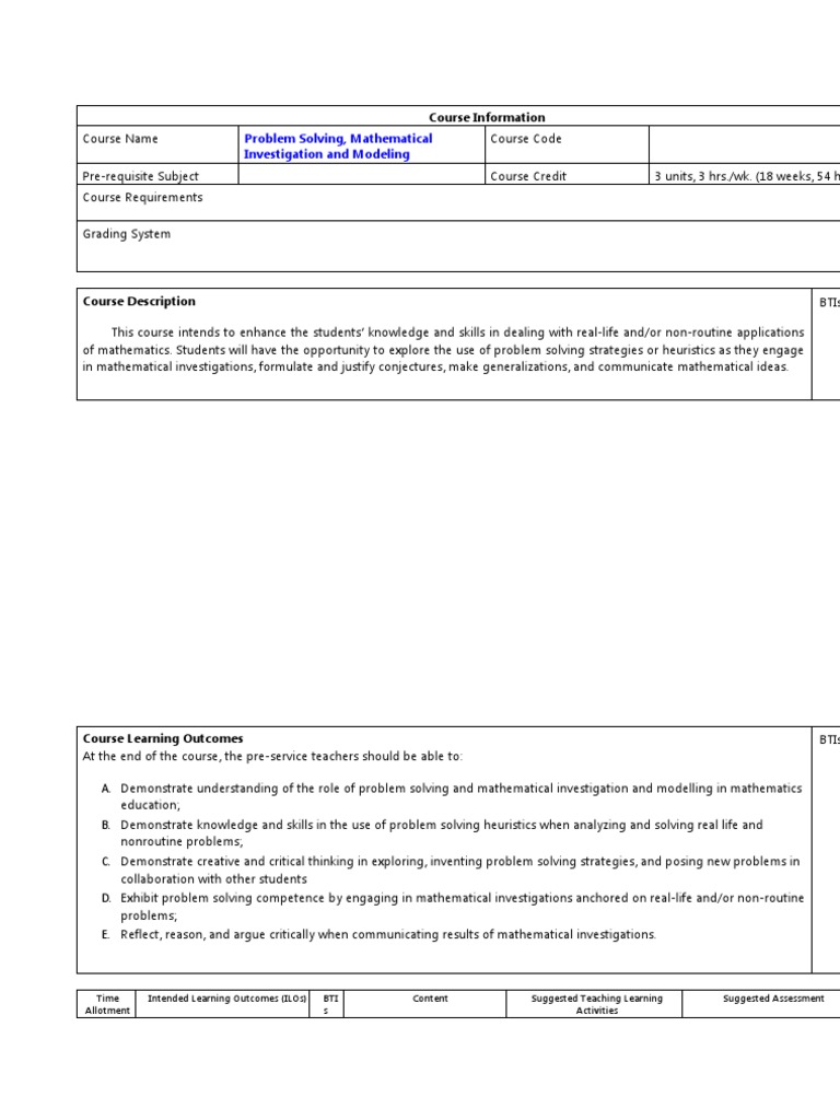 Sample Course Syllabi For Problem Solving Mathematical Investigation ...