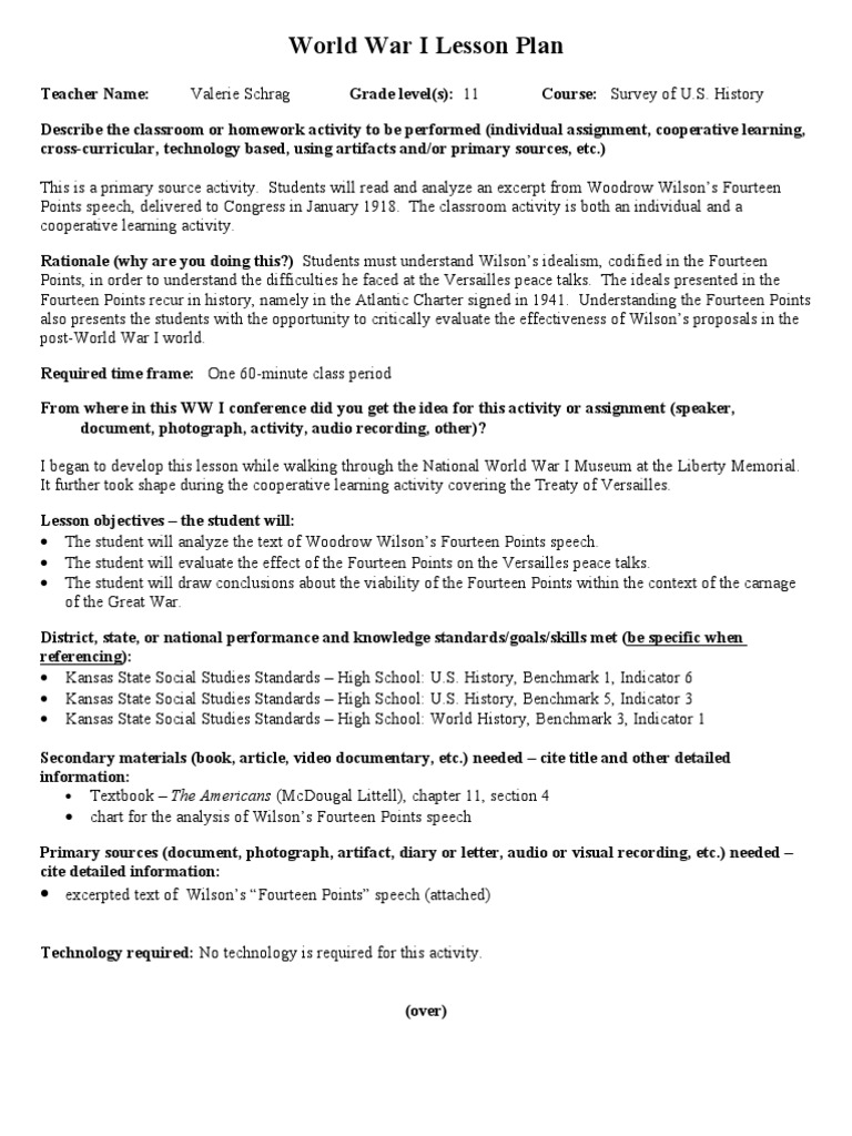 World War I Lesson Plan | PDF | Homework | Peace
