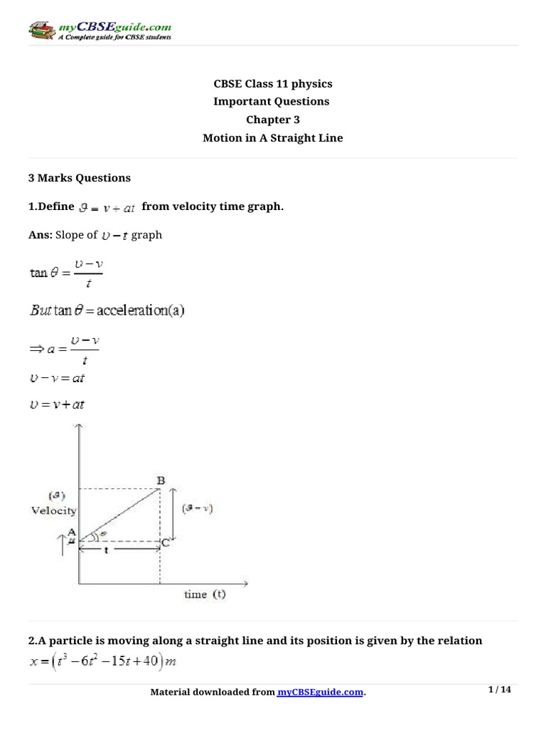 11 Physics Imp Ch3 Marks 3 | PDF | Velocity | Acceleration