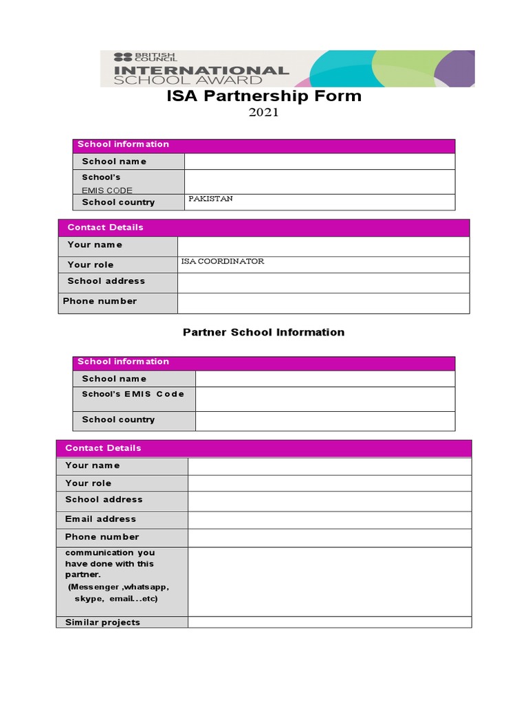ISA Partnership Form: Partner School Information | PDF