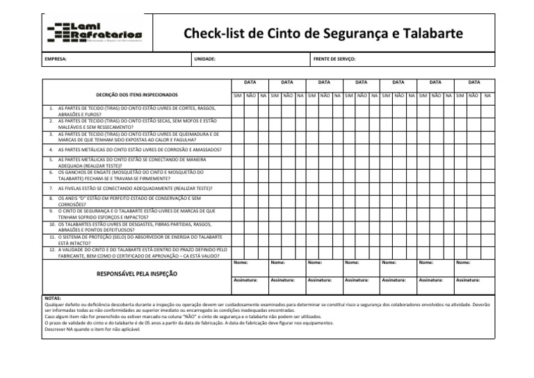 Check-list de inspeção de cintos de segurança e talabartes para ...