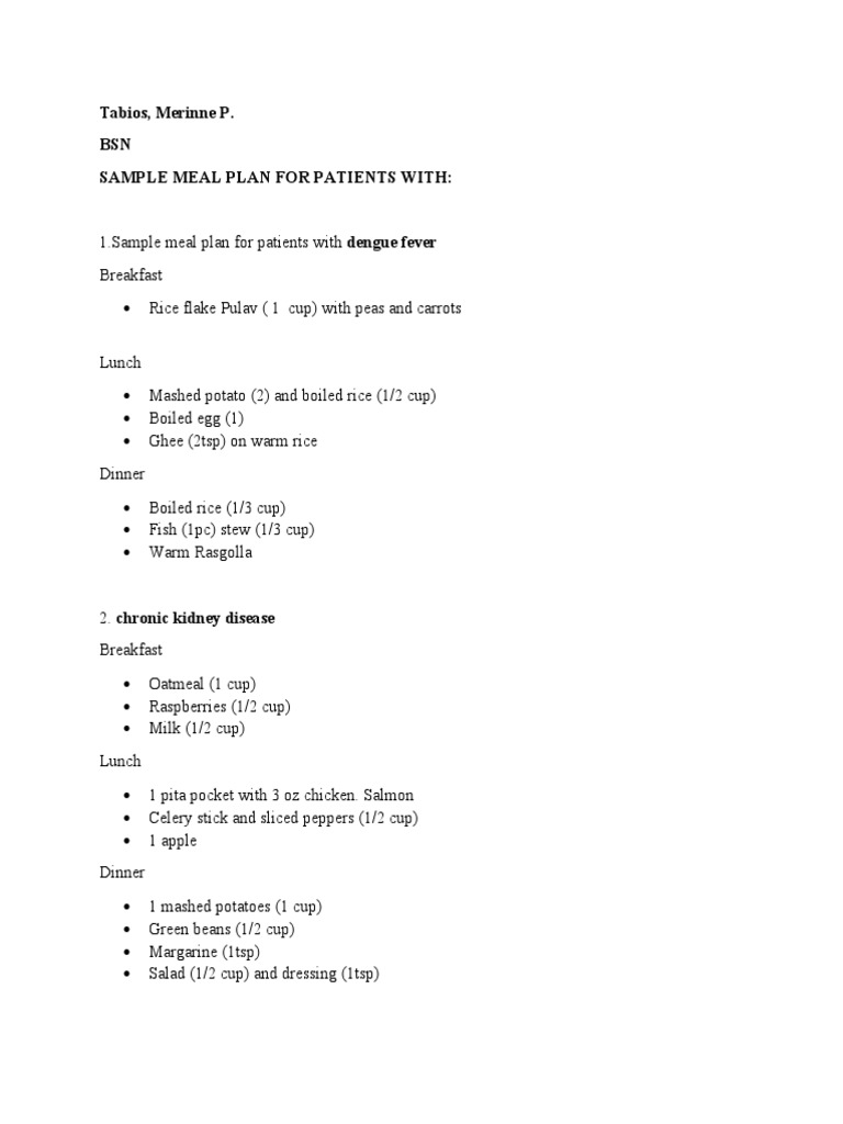 Tabios, Merinne P. BSN Sample Meal Plan For Patients With | PDF | Lunch ...