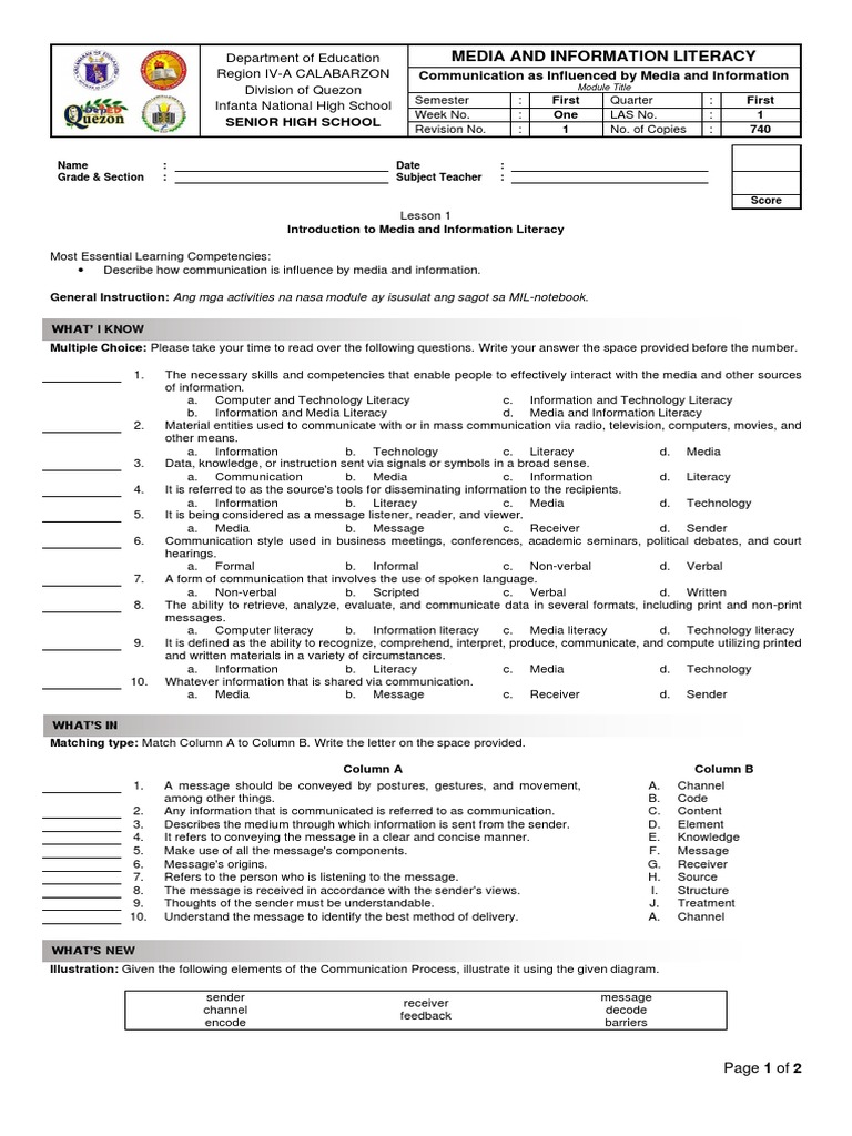 Media and Information Literacy Learning Activity Sheet LAS Week 1 | PDF ...
