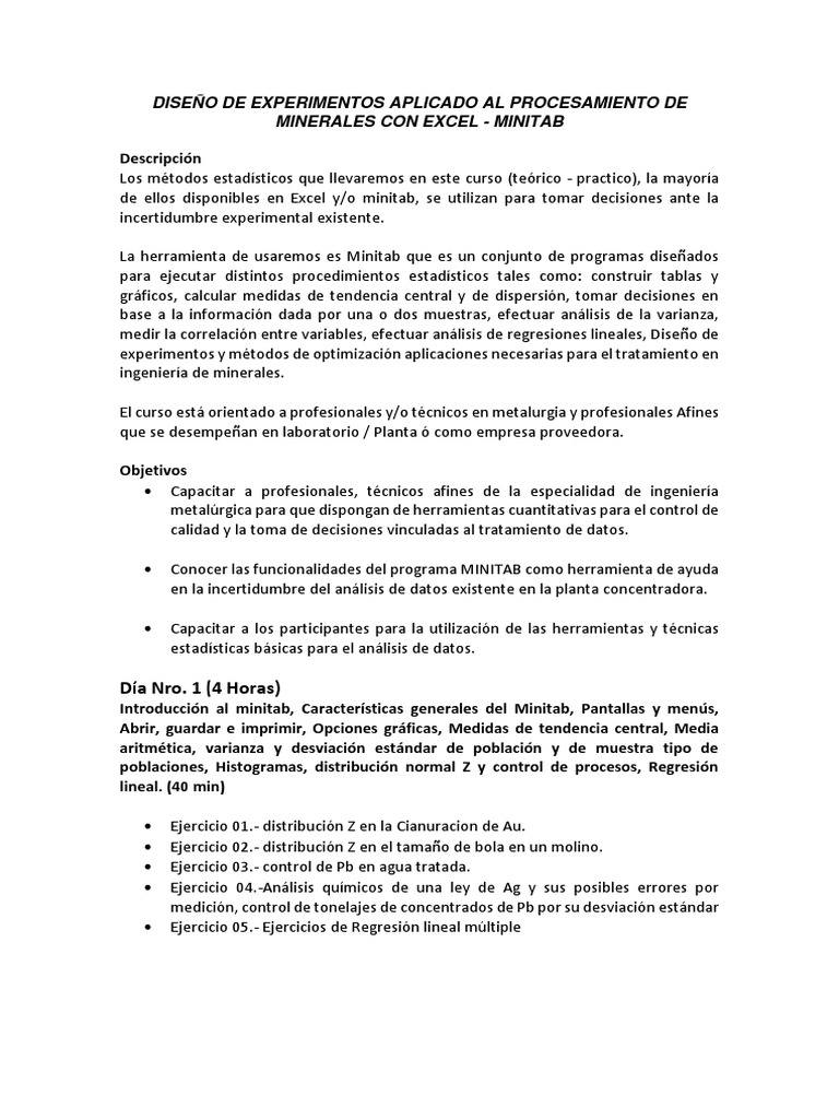 Diseño de Experimentos Aplicado Al Procesamiento de Minerales Con Excel ...