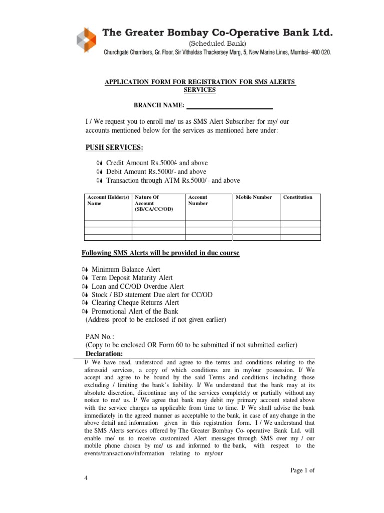 Sms Alerts Mandate Form For Greater Bank | PDF | Banks | Debits And Credits