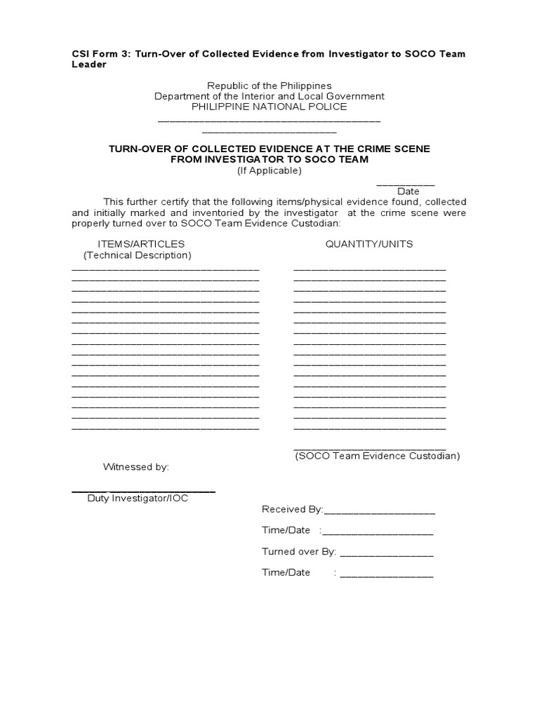CSI Form 3 Turn-Over of Collected Evidence From Investigator To SOCO ...