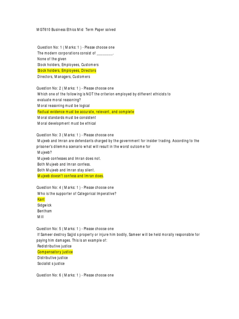 Business Ethics - MGT610 Mid Term Solved Paper | PDF | Crime & Violence ...