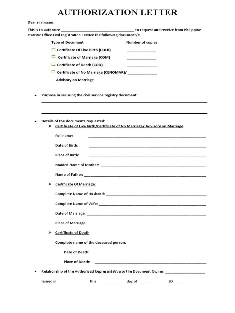 (Authorization Letter) For Claiming Birth Certificate Sample | PDF