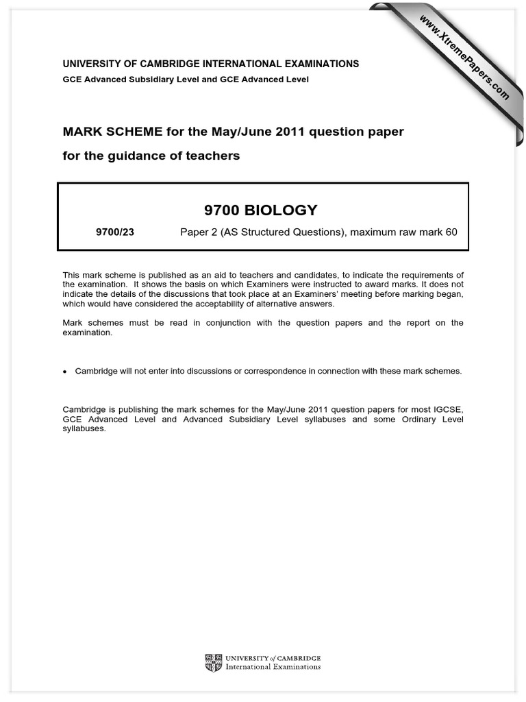 9700 BIOLOGY: MARK SCHEME For The May/June 2011 Question Paper For The ...
