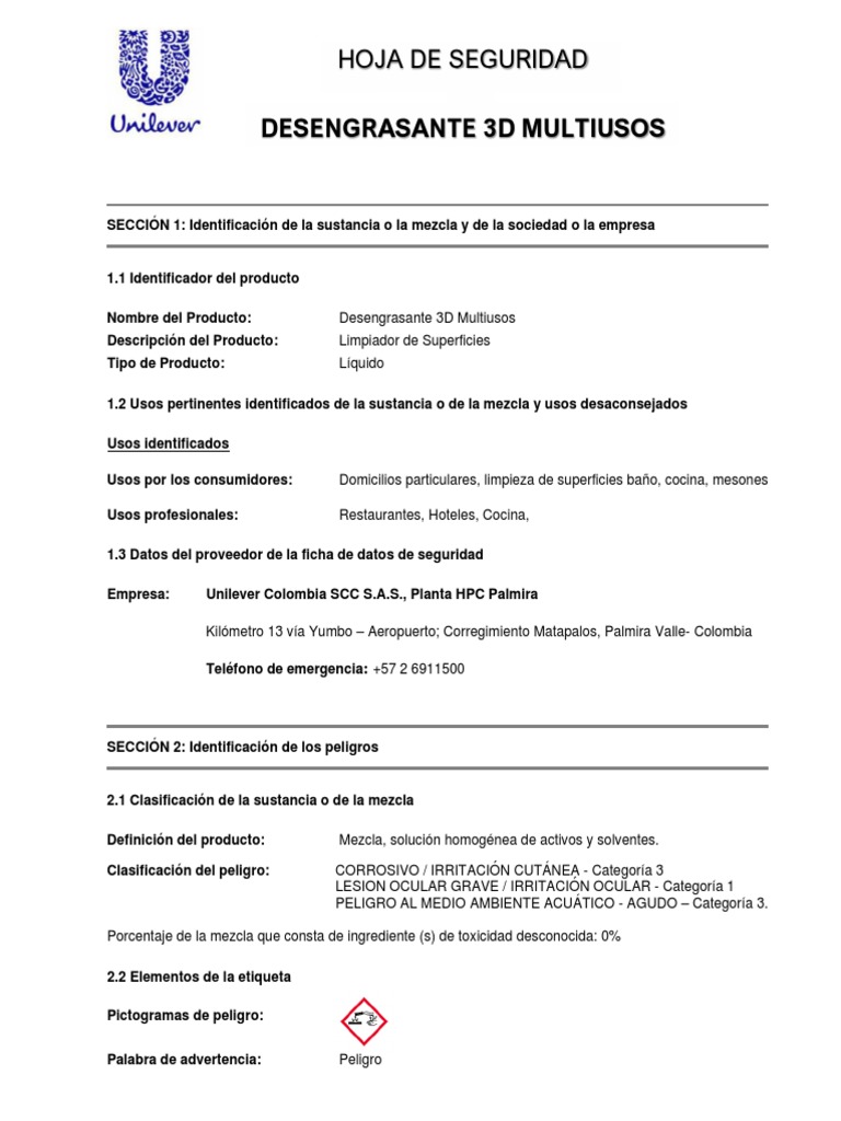 Hoja de Seguridad 3D Multiusos Desengrasante | PDF | Residuos | Química