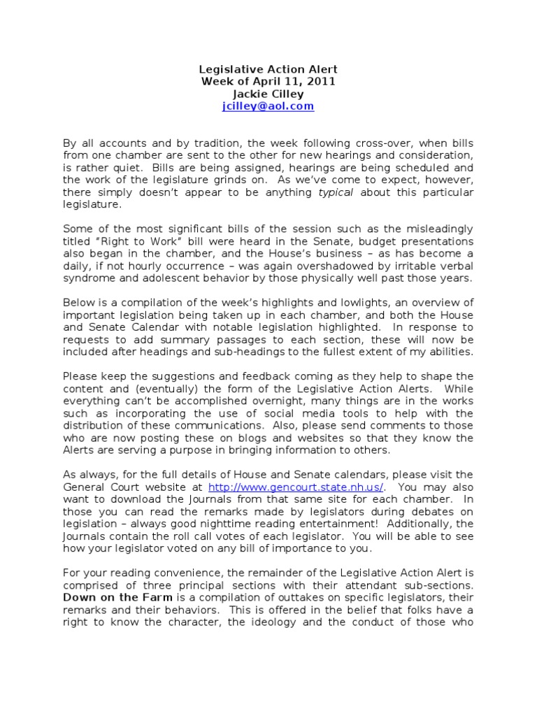 Weekly Legislative Action Alert Jackie Cilley 4-11-2011 | PDF ...