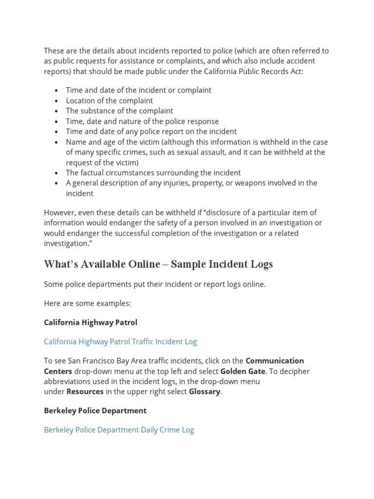 What's Available Online - Sample Incident Logs: California Highway ...