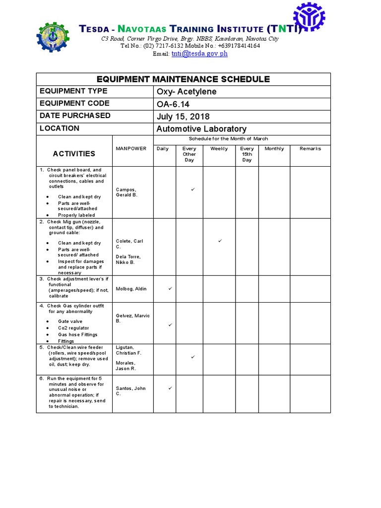Equipment Maintenance Schedule | PDF