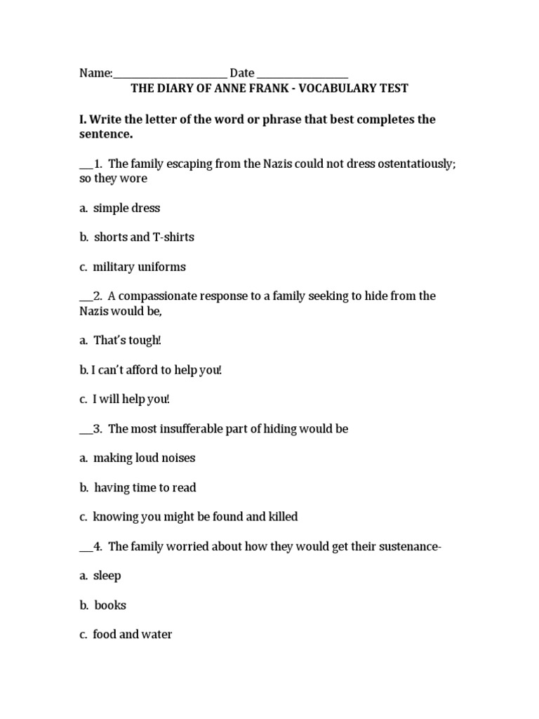 The Diary of Anne Frank - Vocabulary Test I. Write The Letter of The ...
