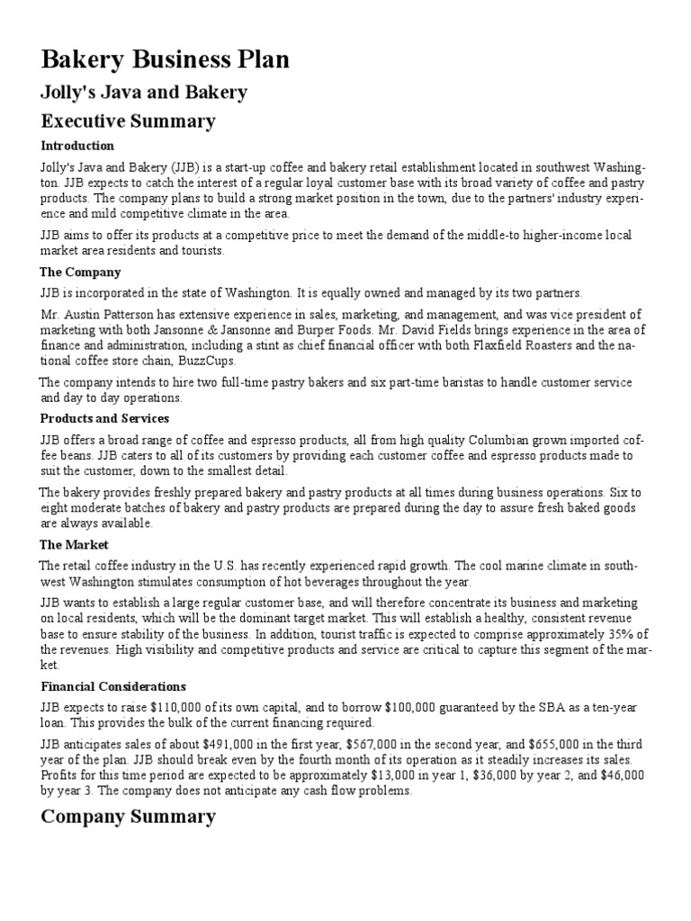 Bakery Business Plan: Jolly's Java and Bakery Executive Summary | PDF | Value Added Tax | Coffee
