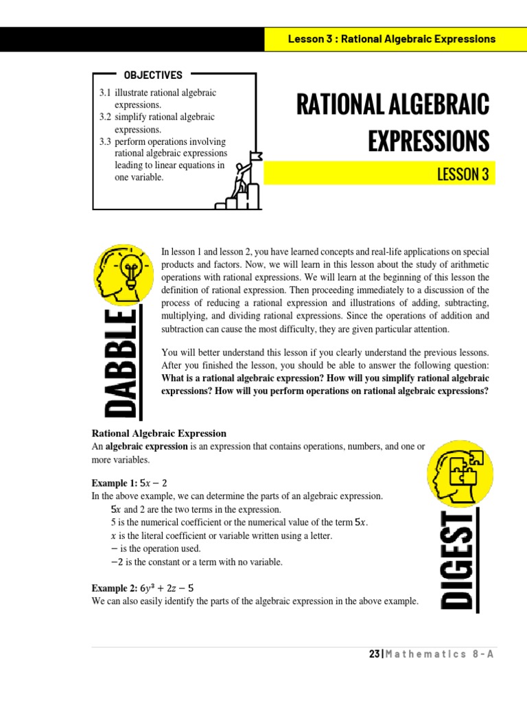 Rational Algebraic Expressions: Objectives | PDF | Factorization | Polynomial